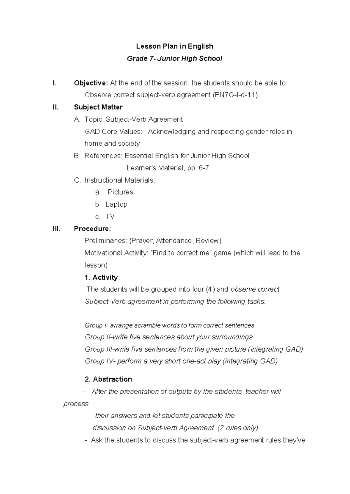 Lesson Plan: Subject-Verb Agreement for Junior High School I - Studocu