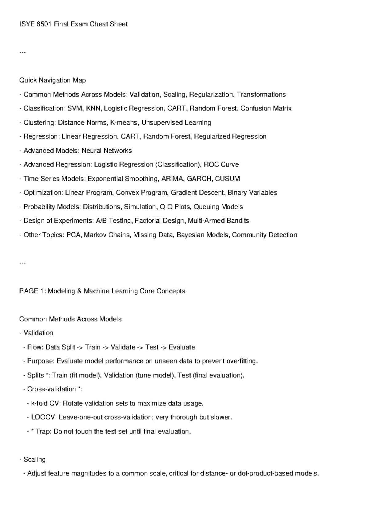 ISYE 6501 Final Exam Cheat Sheet: Key ML Methods & Concepts - Studocu