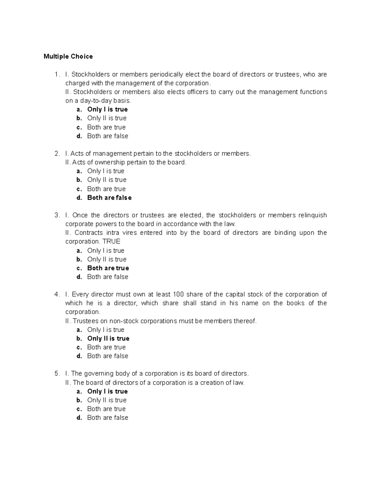 Revised Corporation Multiple Choice Quiz - Business Law - San Jose ...