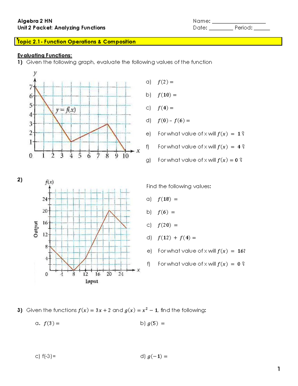 Algebra 2 HN Unit 2 Packet: Analyzing Functions Review & Exercises ...