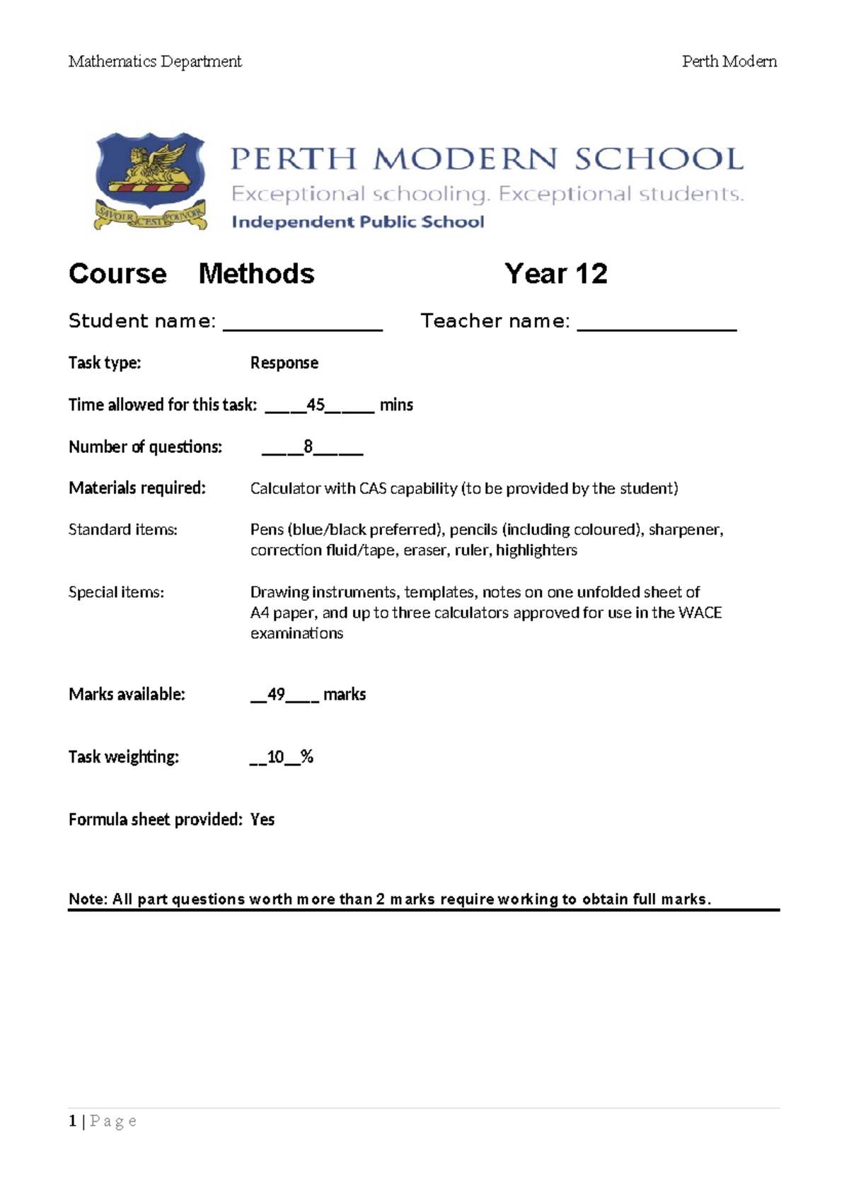 Methods Test 1 2020 Marking Key - Year 12 Mathematics (Perth Modern ...