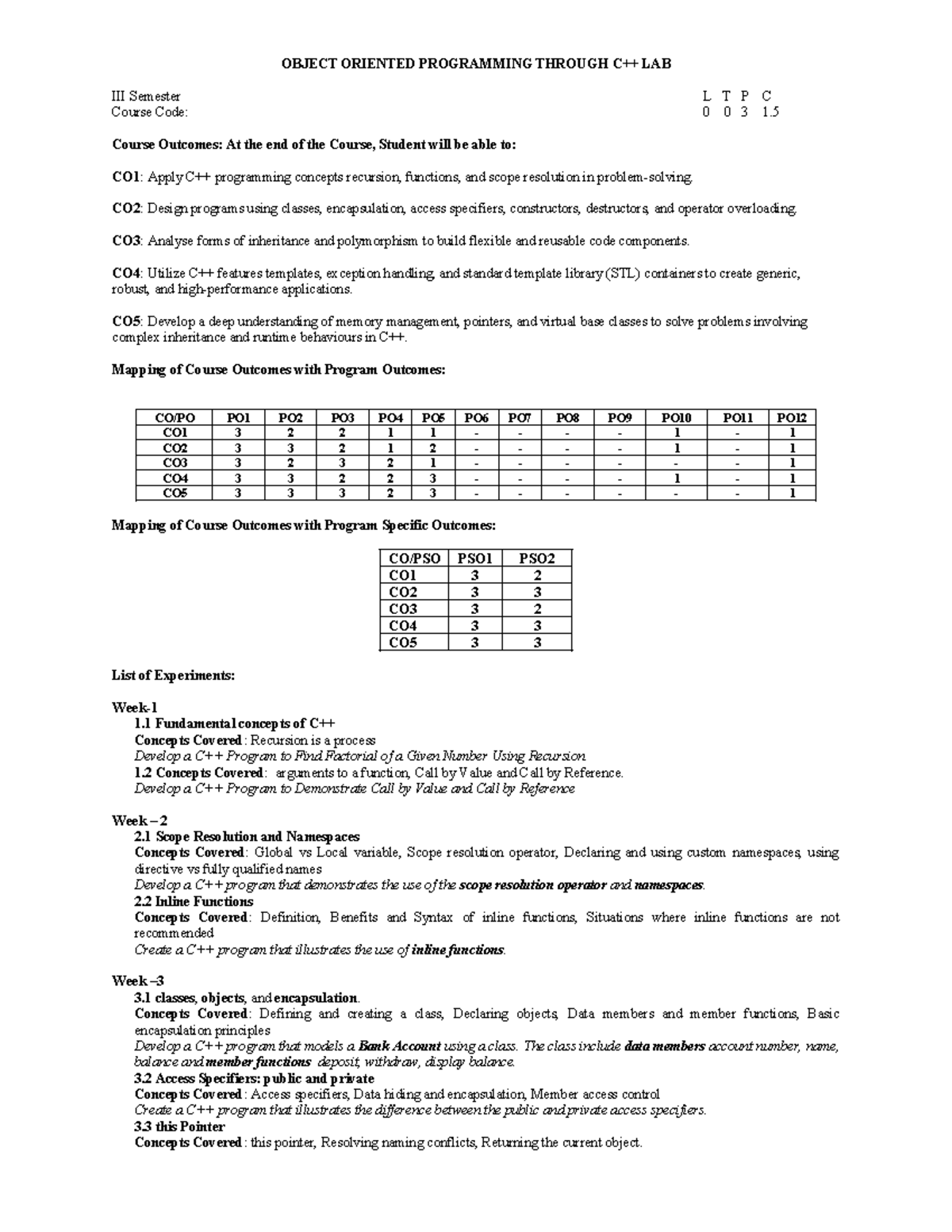 AIML AR24 Object Oriented Programming Through CPP Lab Syllabus - Studocu