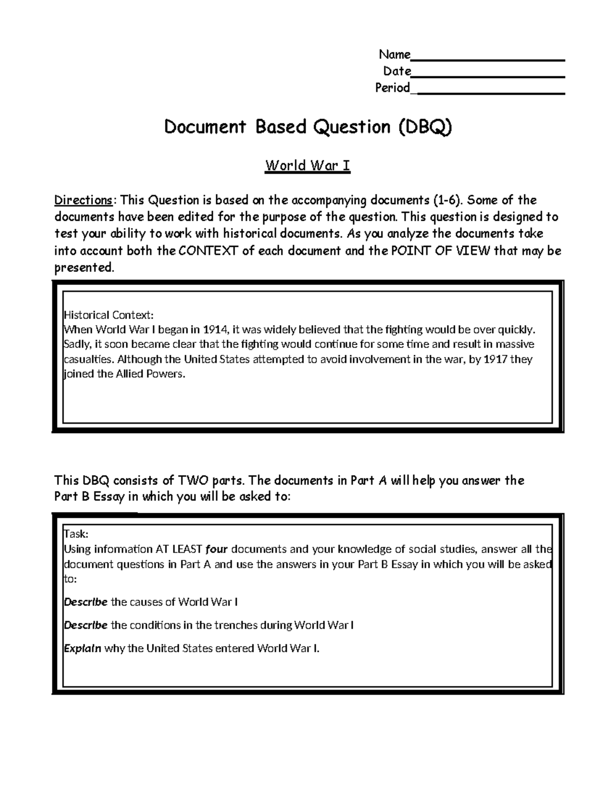 WWI DBQ: Causes, Trench Conditions & U.S. Involvement Analysis - Studocu