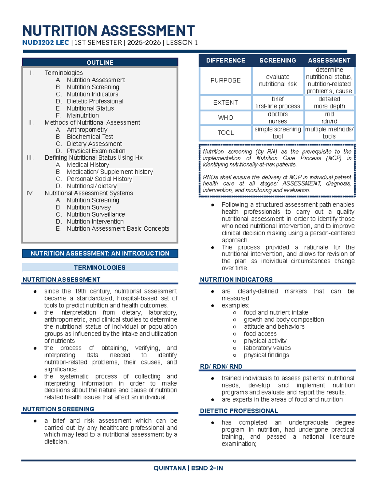 NUTRITION NUDI202 LEC 1ST SEMESTER LESSON 1: INTRO TO NUTRITION ...