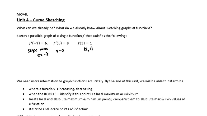 MCV4U Unit 4 Curve Sketching: Intervals of Increase & Decrease - Studocu