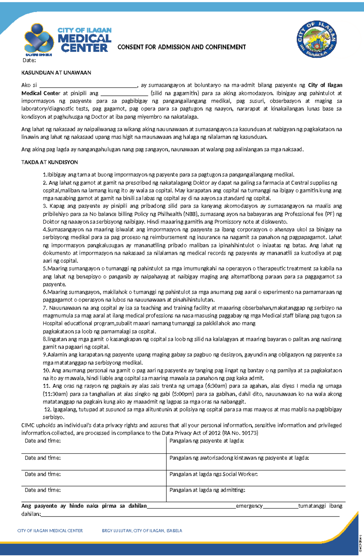 Consent for Admission at City of Ilagan Medical Center - Studocu