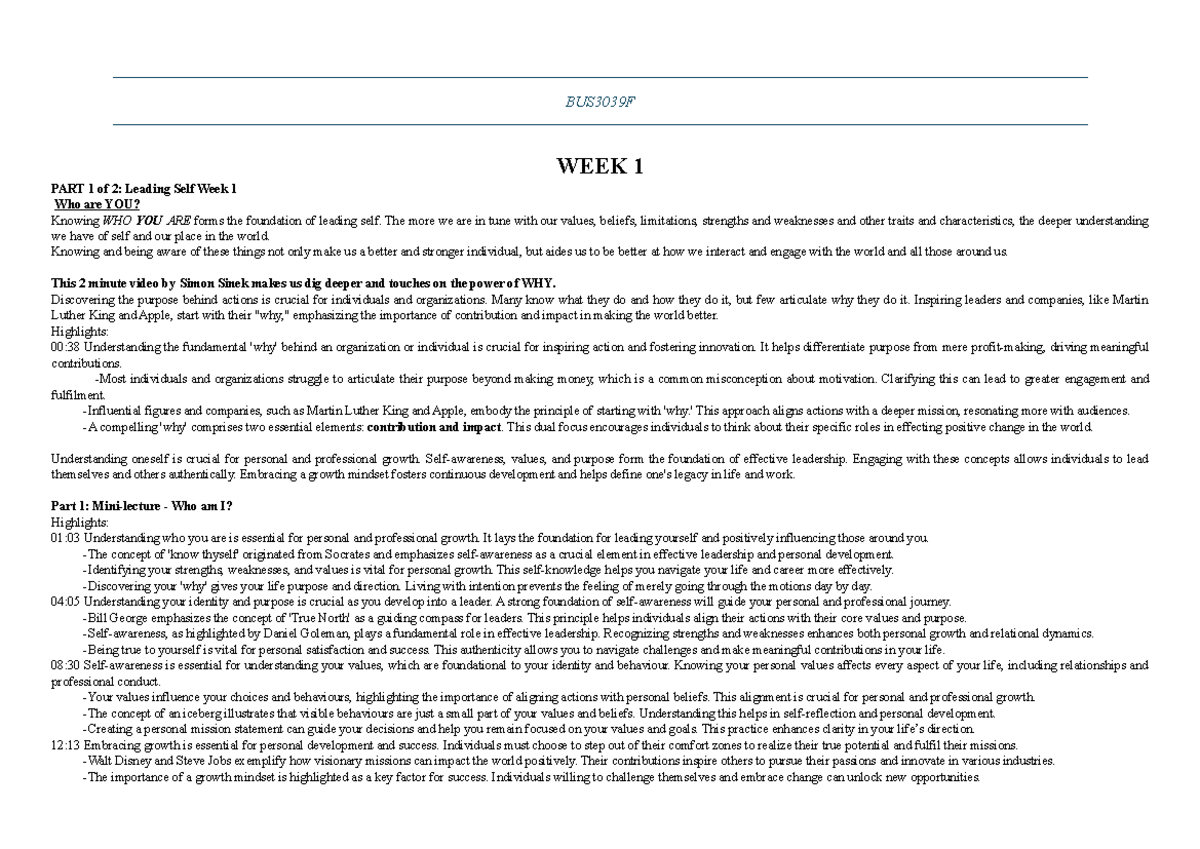 BUS3039F WEEK 1: Leading Self & Understanding Personality Types - Studocu