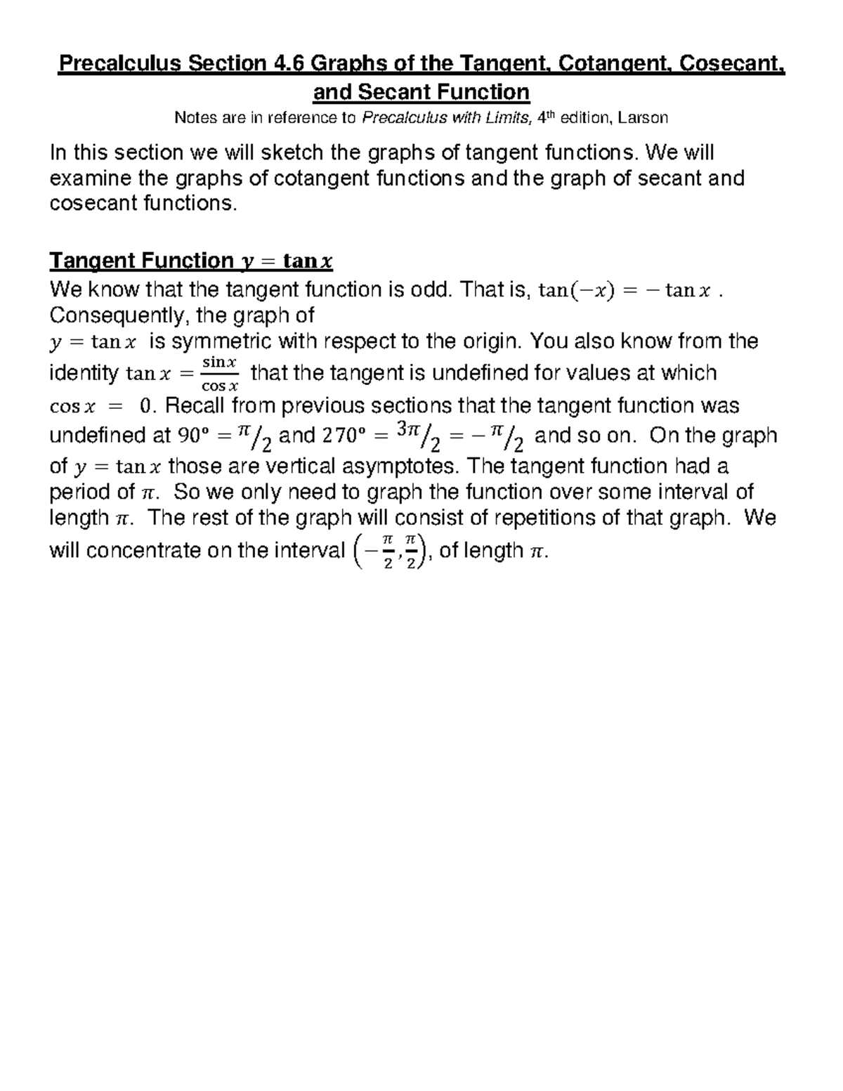 Precalculus CH 4.6: Graphing Tangent, Cotangent, Cosecant & Secant ...