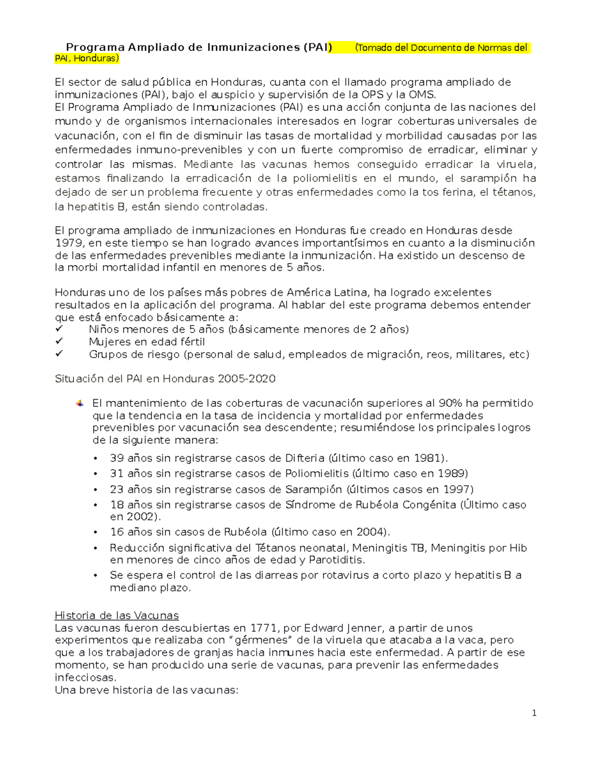 Programa PAI de Honduras y Vacunación: Logros y Perspectivas - Studocu