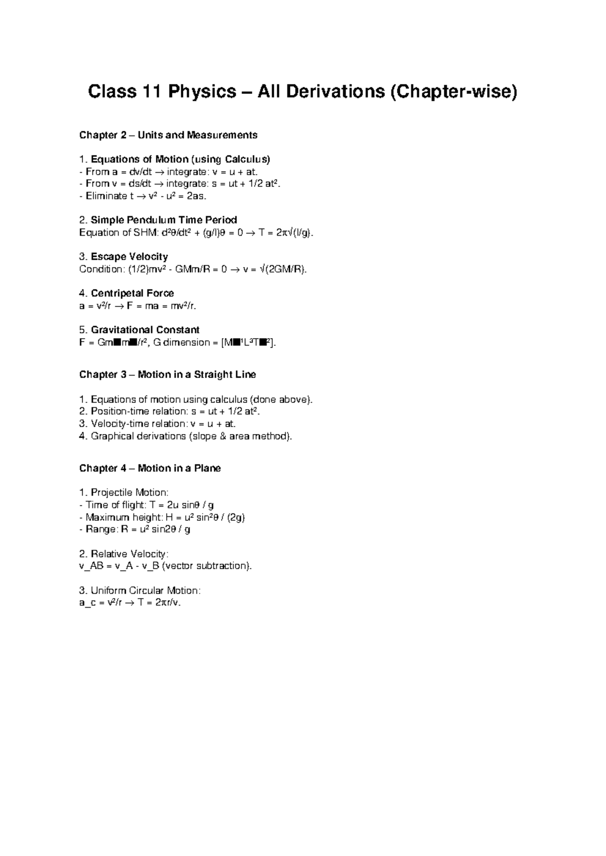 Class 11 Physics Derivations: Units, Measurements & Motion - Studocu