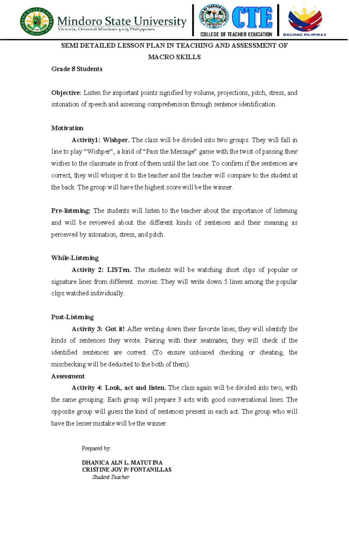 SEMI DETAILED LESSON PLAN: TEACHING MACRO SKILLS (Grade 8) - Studocu