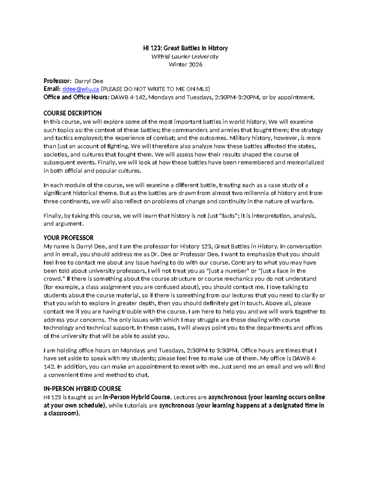 HI 123: Syllabus for Great Battles in History - Winter 2026 - Studocu