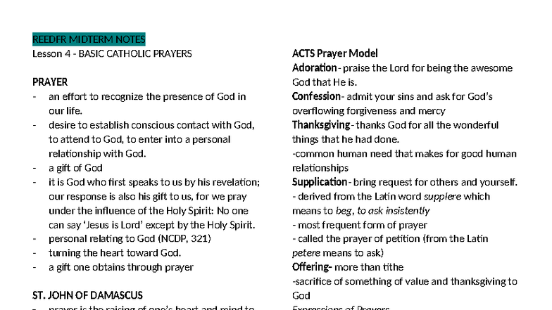 REEDFR MIDTERM NOTES: Lesson 4 on Basic Catholic Prayers - Studocu