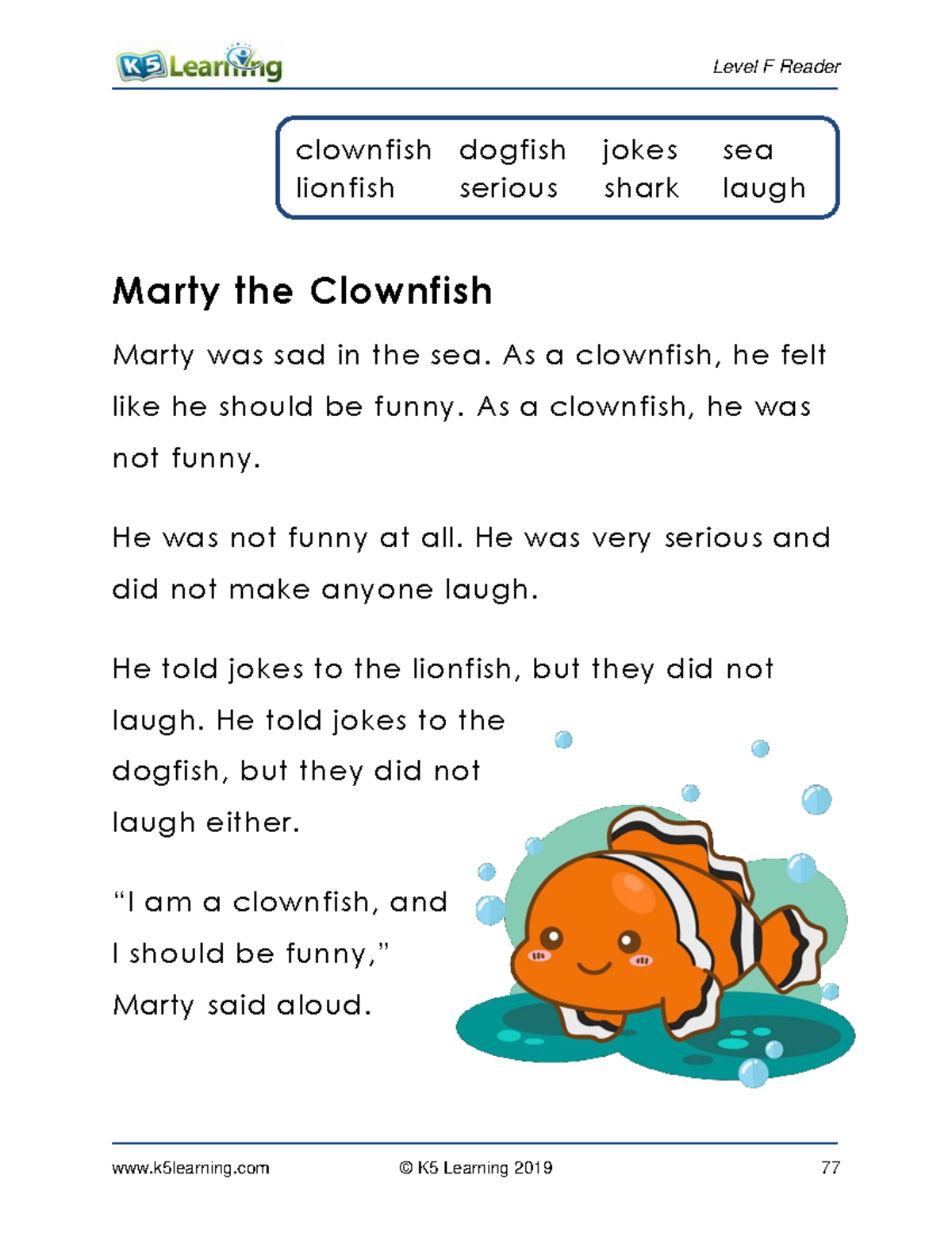 Marty the Clownfish: Reading Comprehension & Activities - Studocu