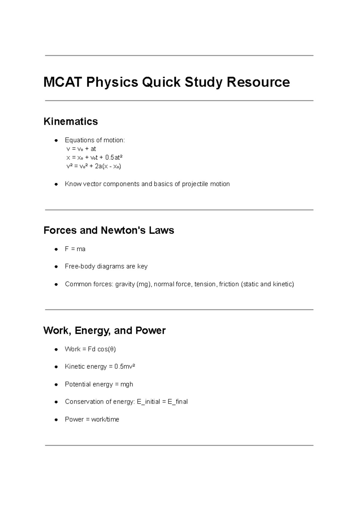 MCAT Physics Quick Study: Kinematics, Forces, Energy & Waves - Studocu
