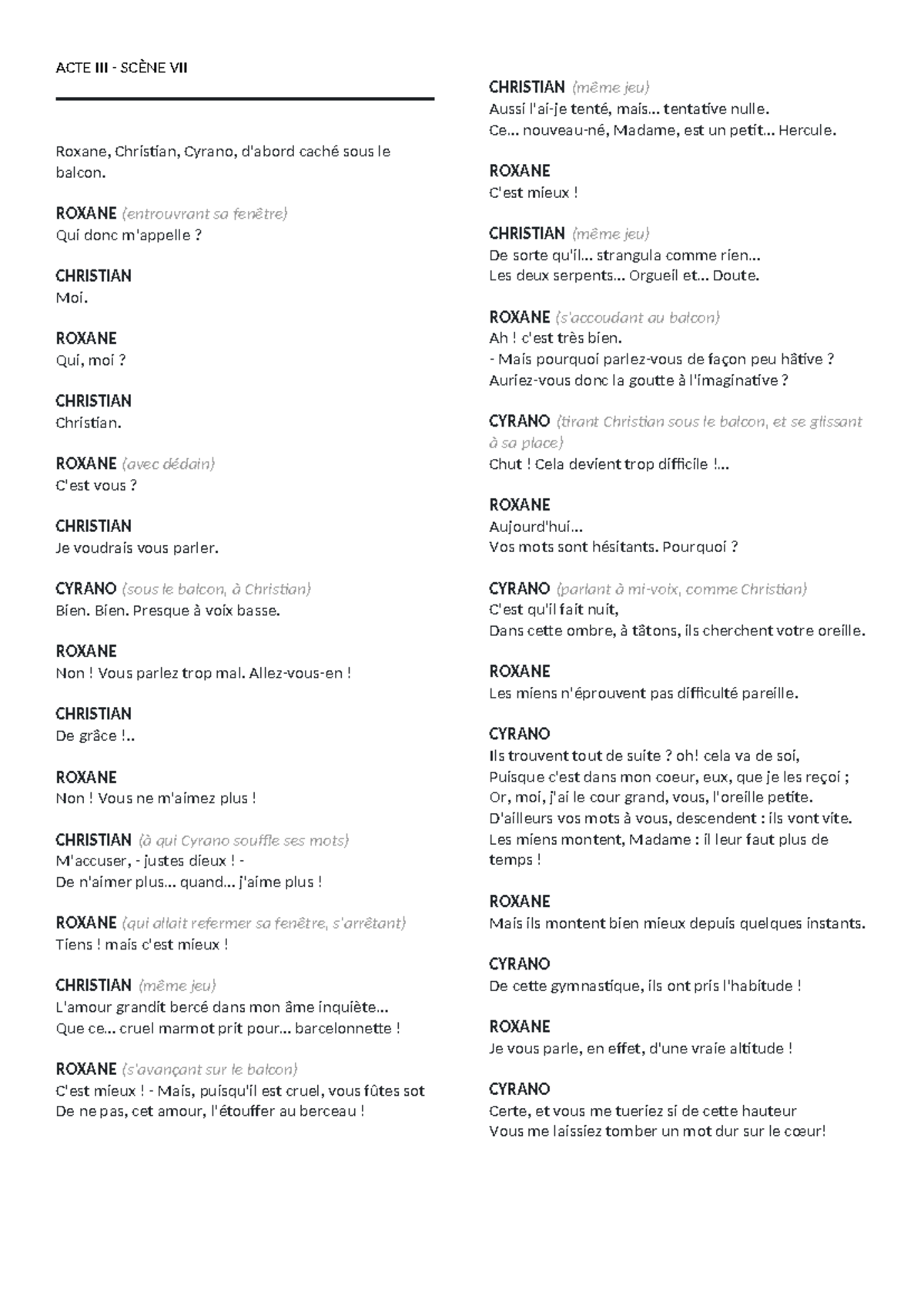 Cyrano ACTE III scène 7 - ACTE III - SCÈNE VII Roxane, Christian ...