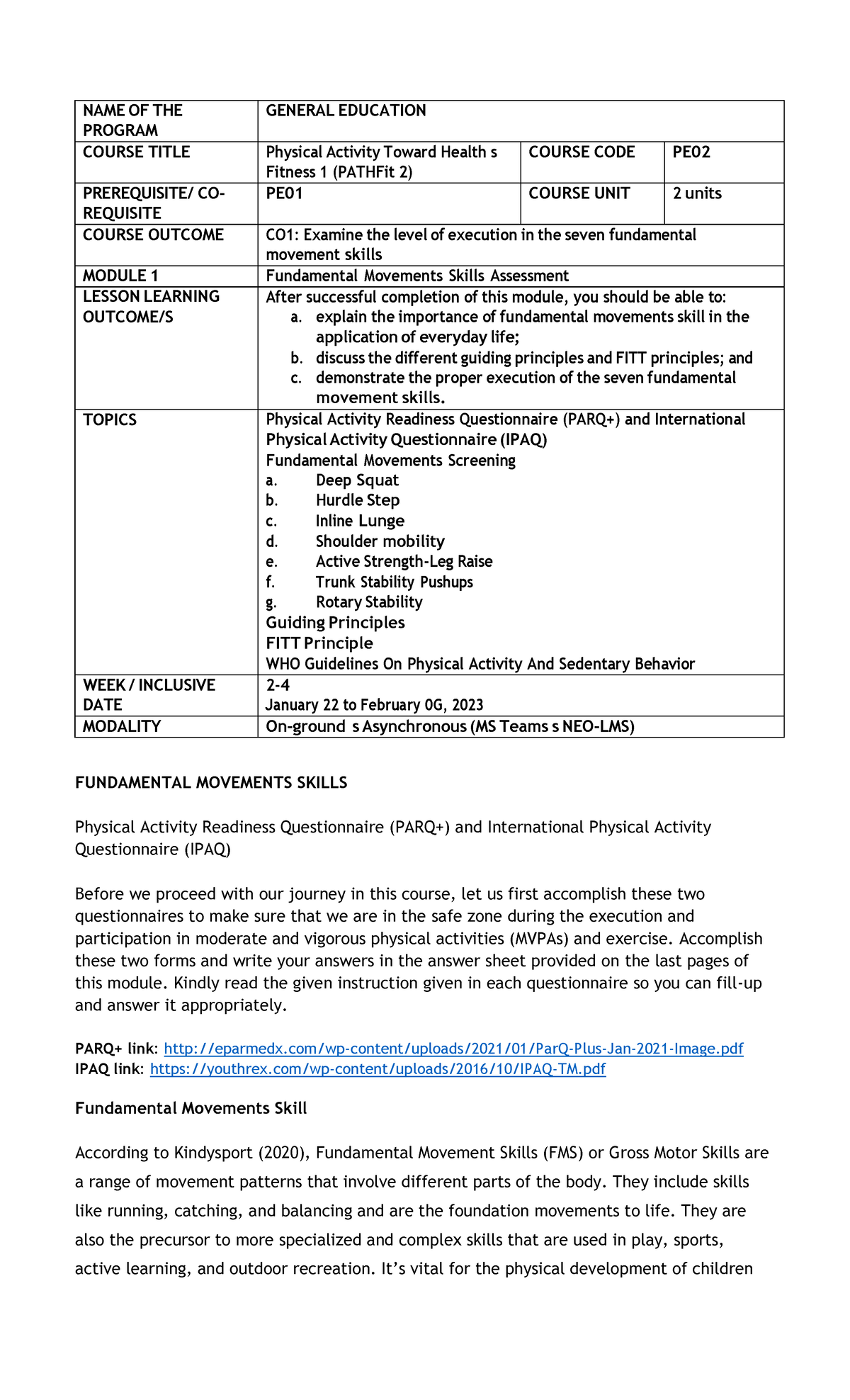 FMS-Module - fms - NAME OF THE PROGRAM GENERAL EDUCATION COURSE TITLE ...