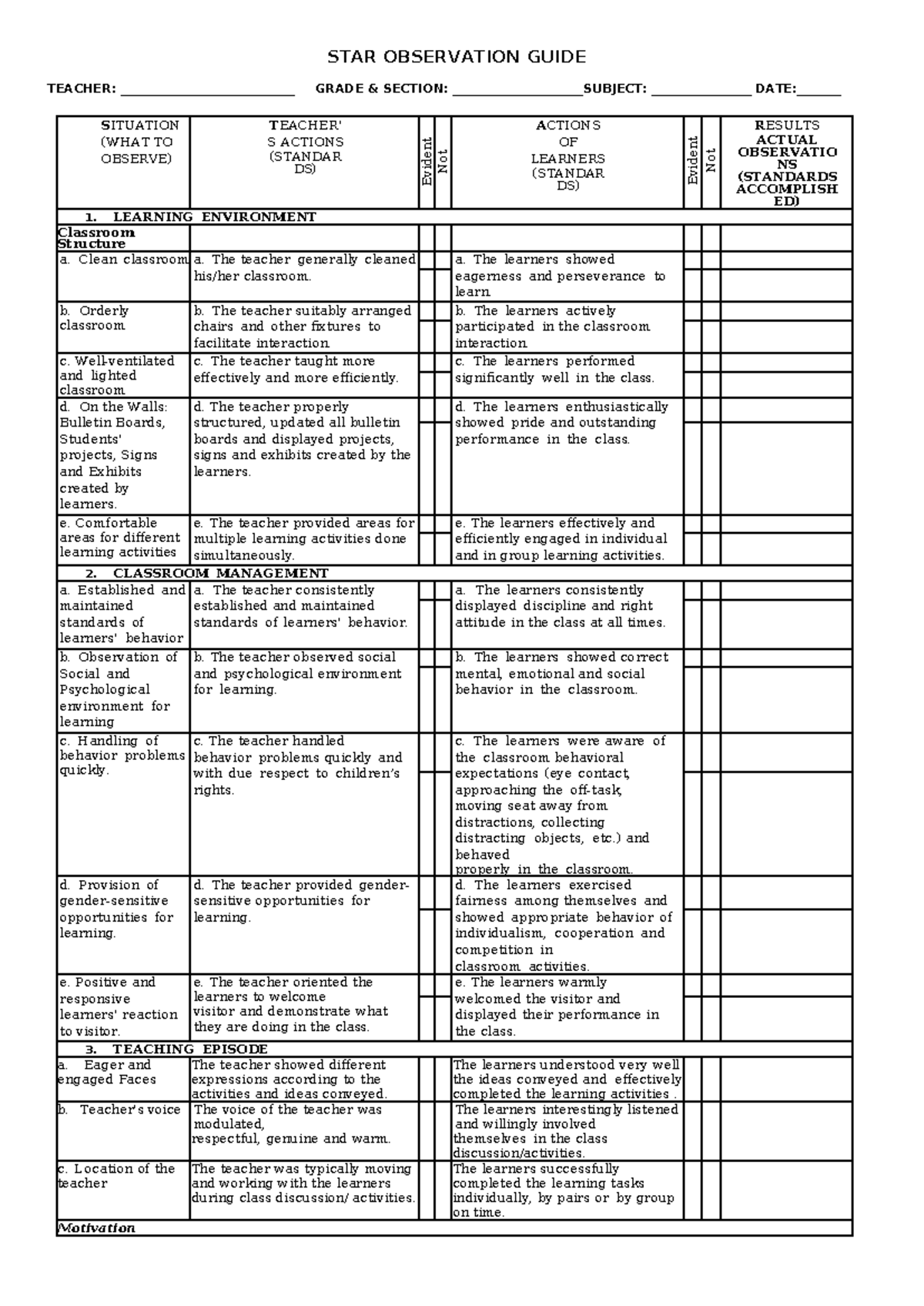 STAR Observation Guide: Teacher Actions and Learner Engagement Analysis ...