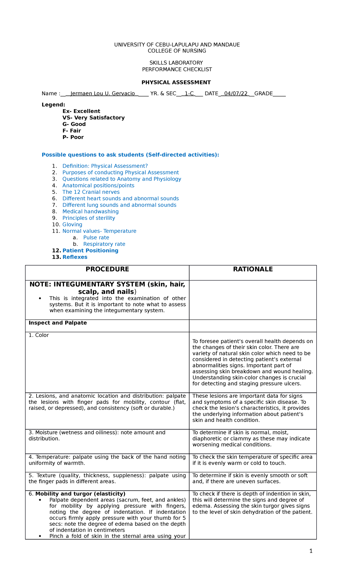 **Physical Assessment Checklist & Rationale for Nursing Students (NRS ...