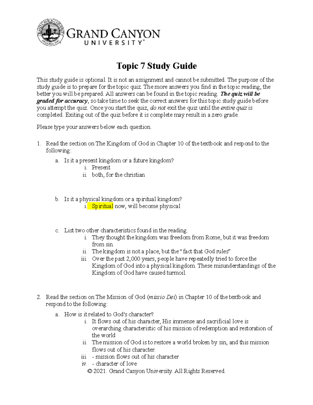 Topic 7 Quiz Preparation Study Guide: Kingdom and Mission Insights ...