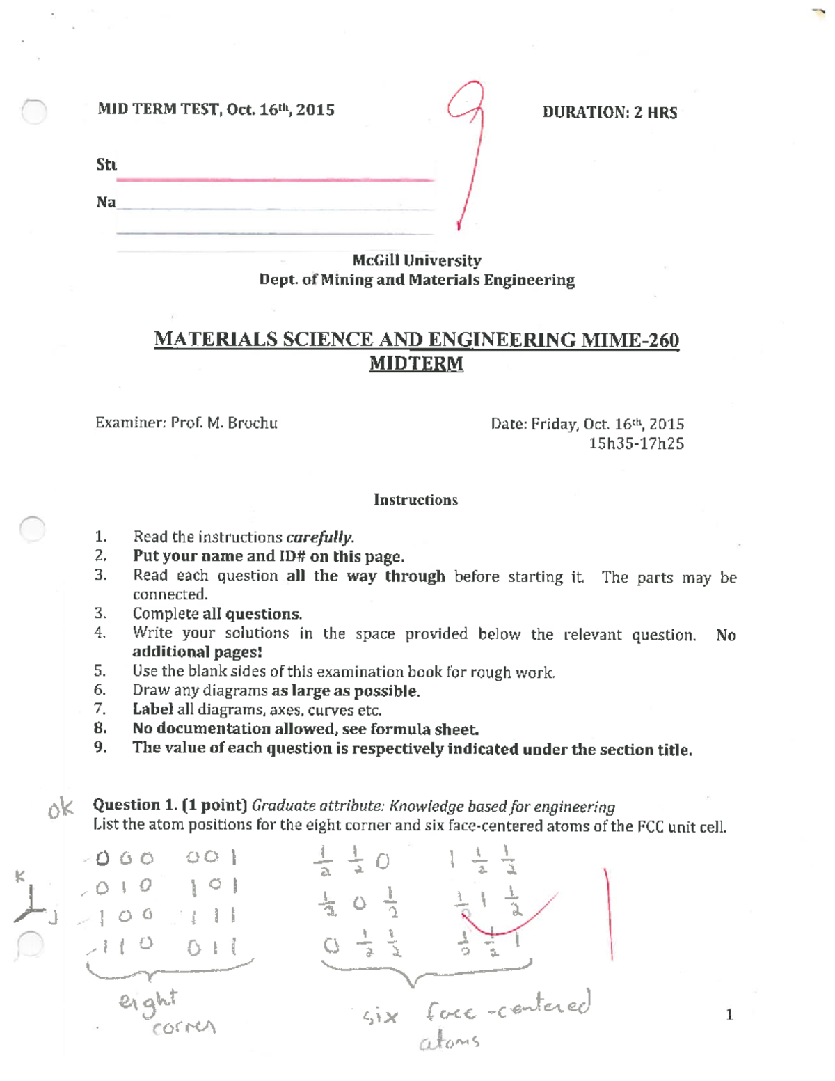 MIME 260 Midterm Exam: Materials Science & Engineering (Oct 16, 2015 ...