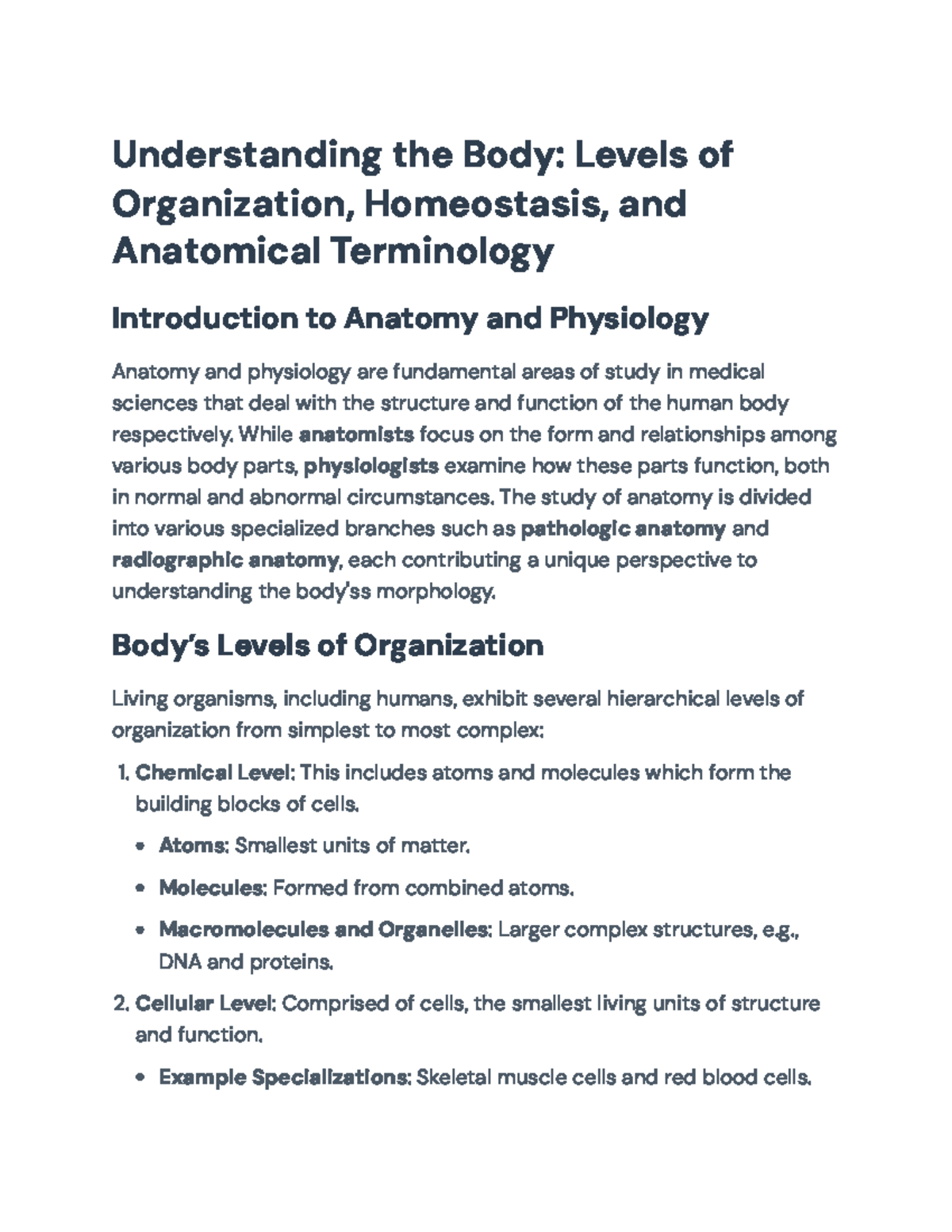 Anatomy & Physiology (AP101): Levels of Organization & Homeostasis ...