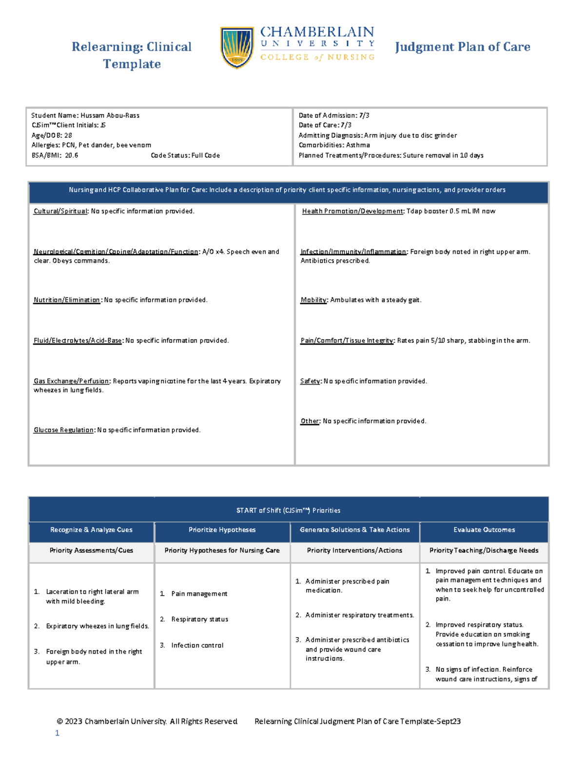 CJSim™ Care Plan for Patient Justin Smoake - Clinical Judgment ...