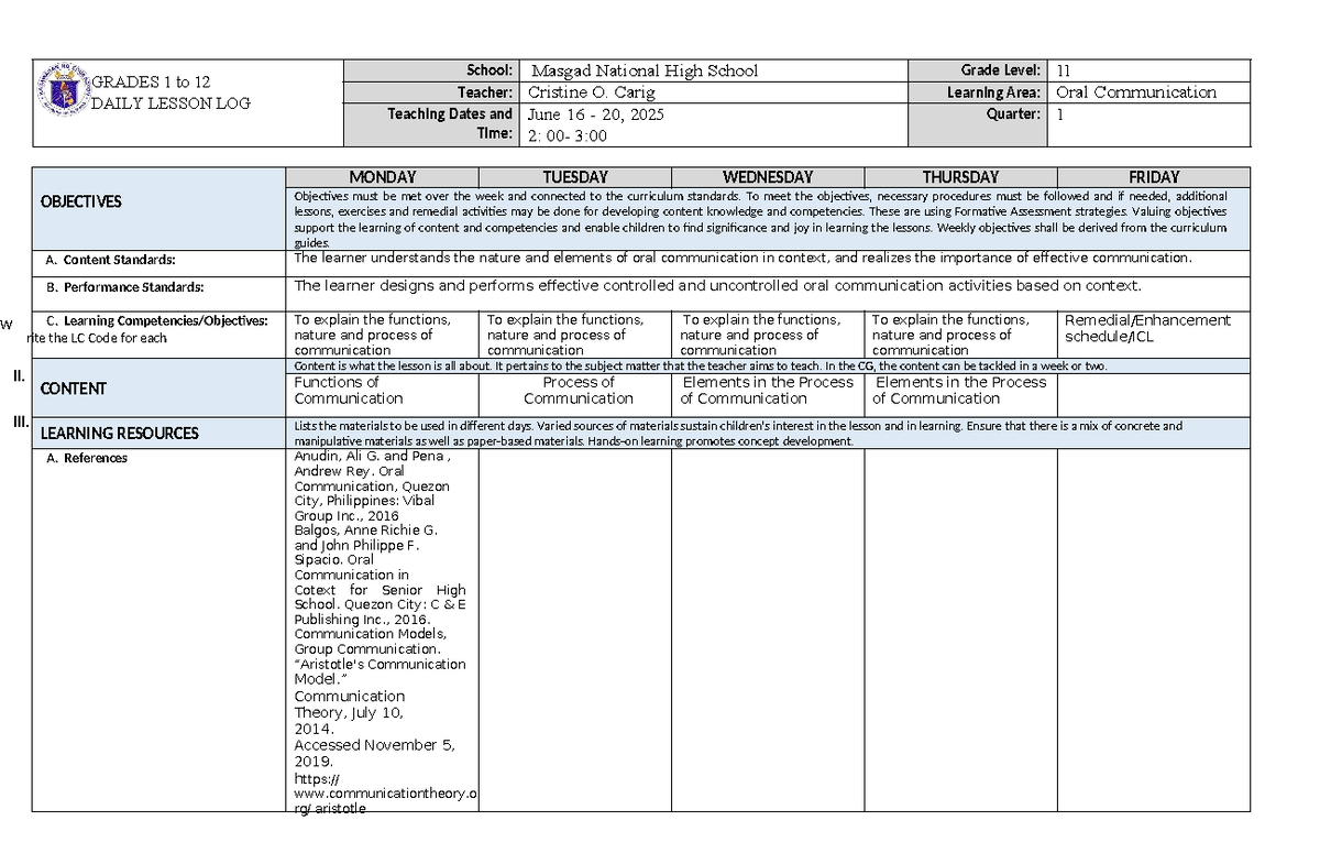 Oral Communication Lesson Log for Grade 11 (Week 1) - Studocu