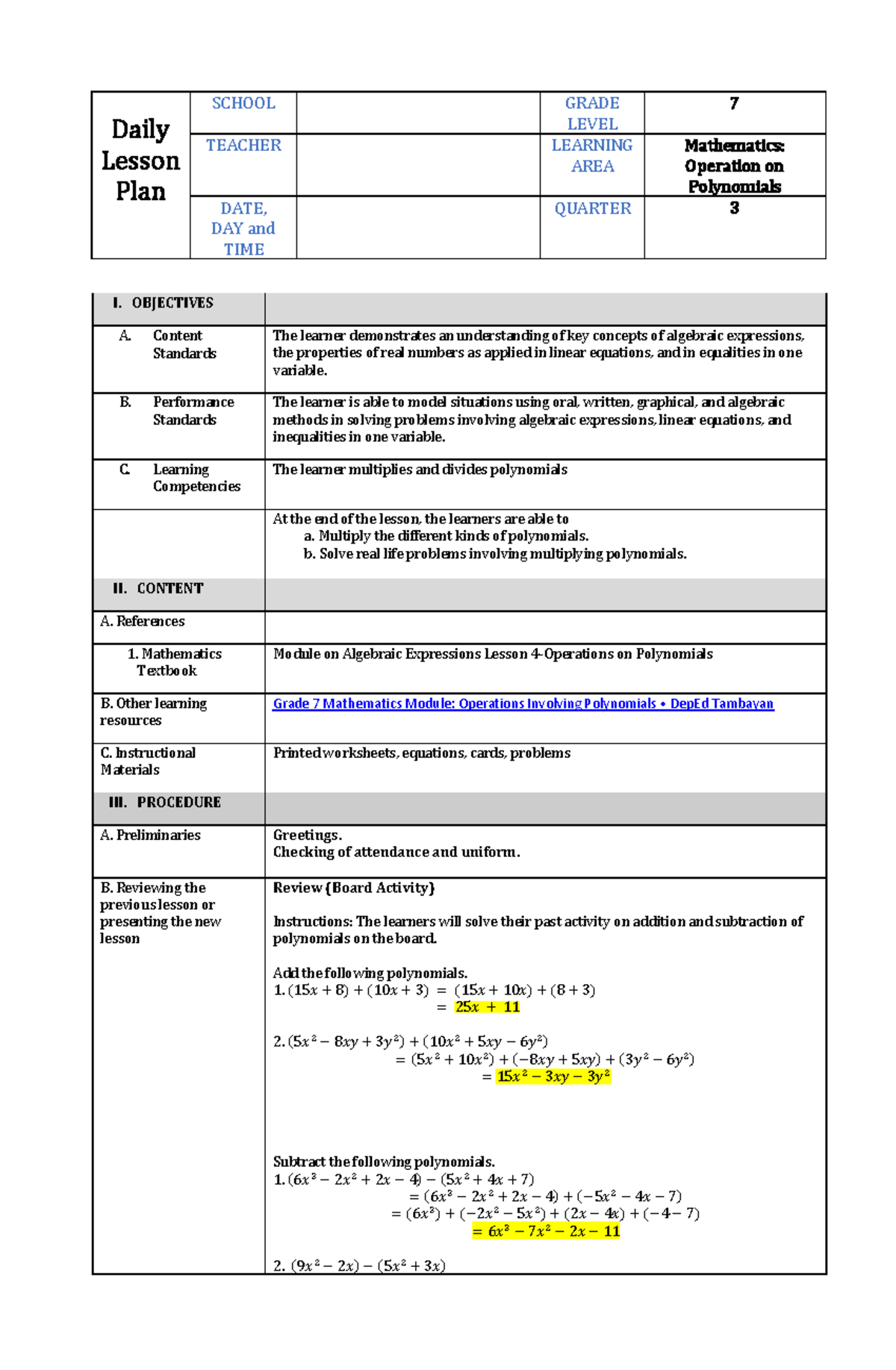 Grade 7 DLP - Lesson Plan: Multiplication of Polynomials - Studocu