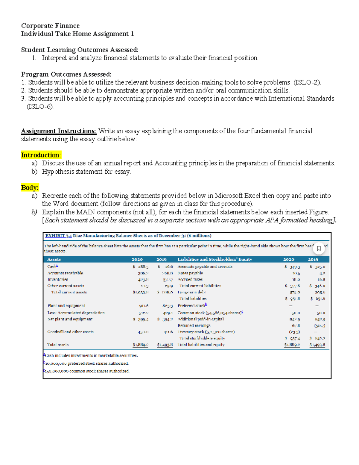 Corporate Finance (FIN 101) Take Home Assignment 1: Financial Statements - Studocu