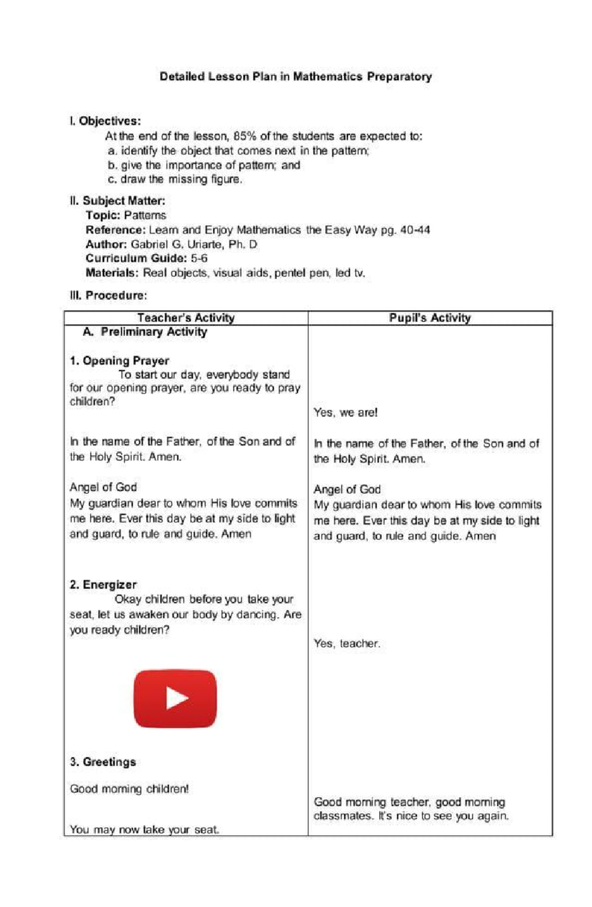 Detailed Lesson Plan in Mathematics Prep I: Understanding Patterns ...