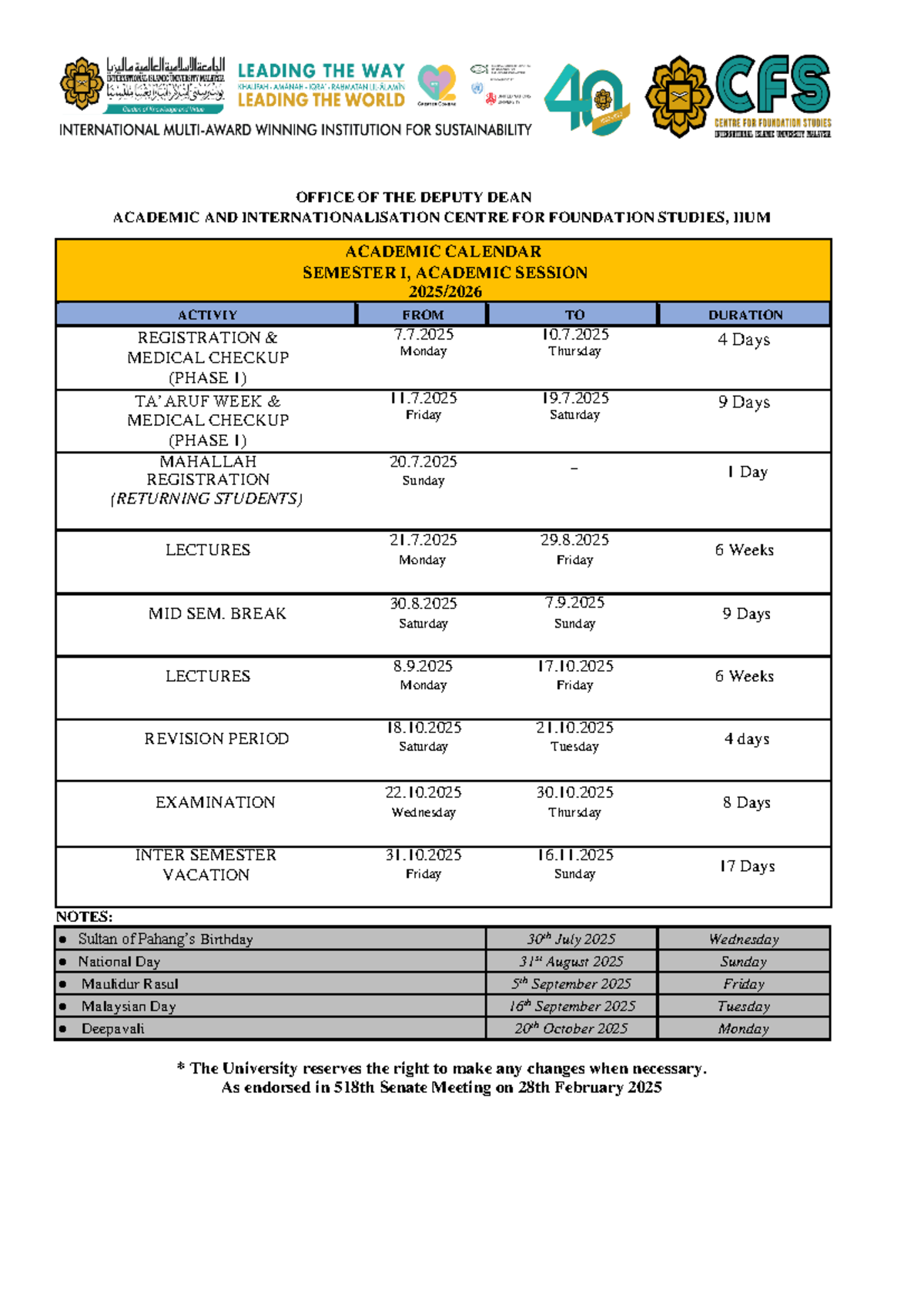 IIUM Academic Calendar 2025-2026: Semester I & II Activities - Studocu