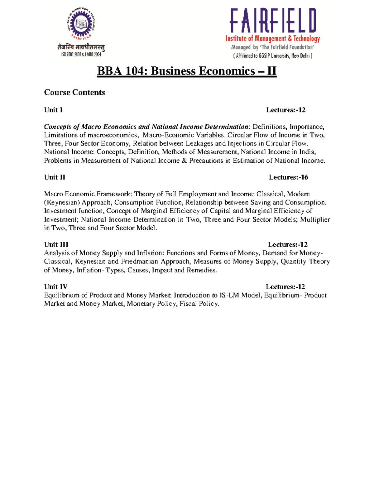 BBA MACROECONOMICS NOTES - BBA 104: Business Economics – II Course ...