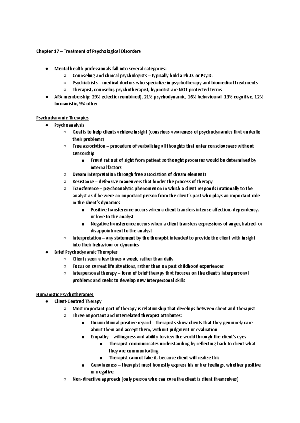 Chapter 17 – Treatment of Psychological Disorders - Chapter 17 ...