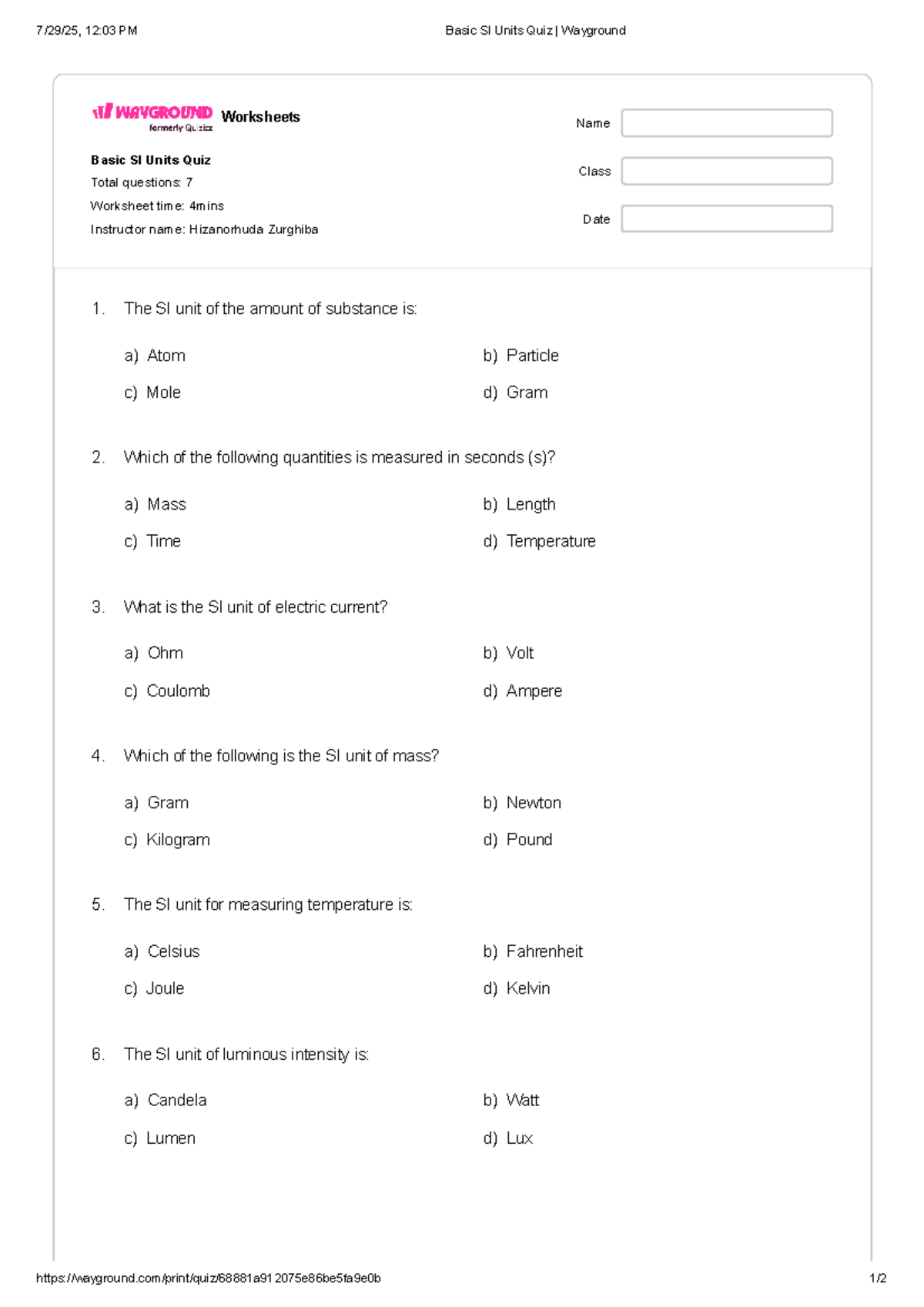 Basic SI Units Quiz (12:03 PM) - Wayground Worksheets - Studocu