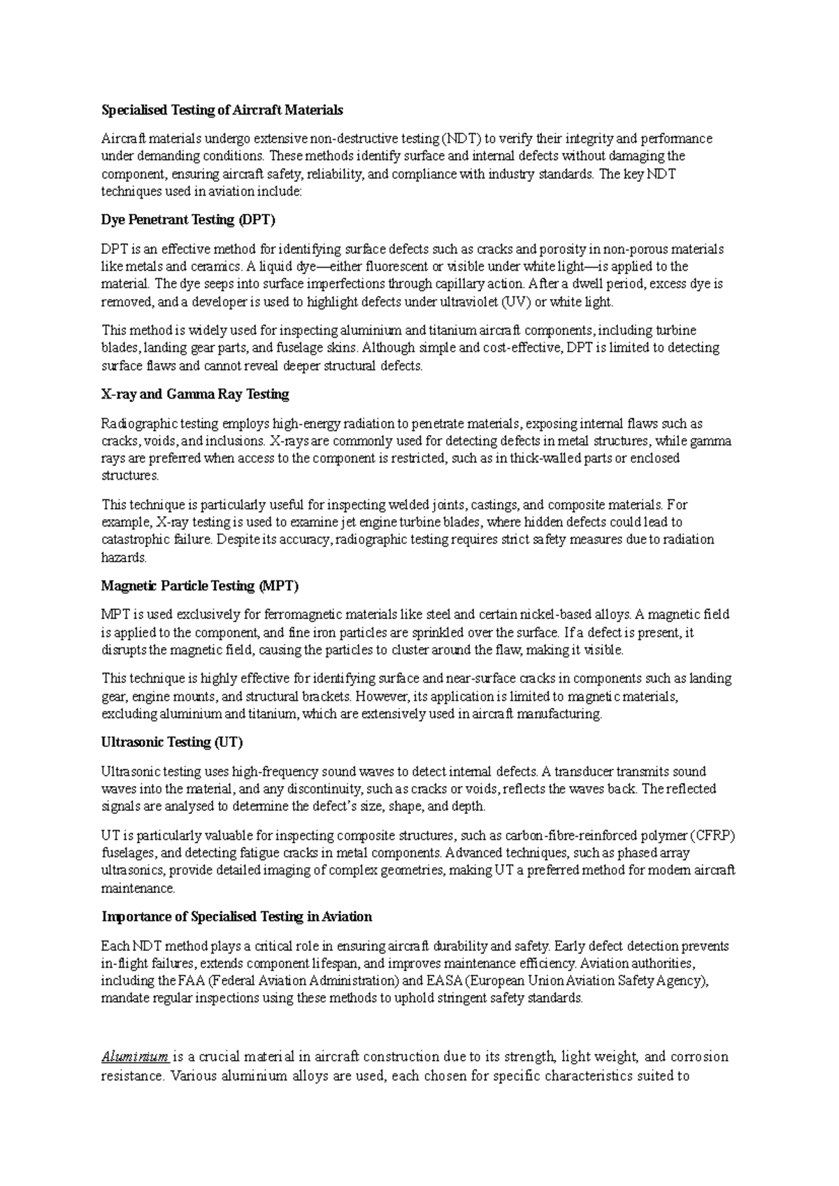 Aeronautical Engineering Assessment 3-4: Specialized Testing of ...