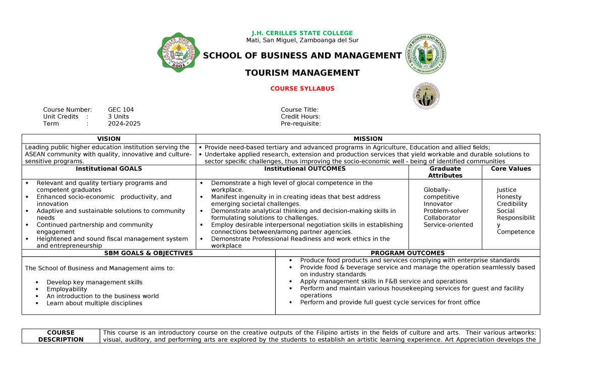 Art Appreciation Syllabus 2024 - J. CERILLES STATE COLLEGE Mati, San ...
