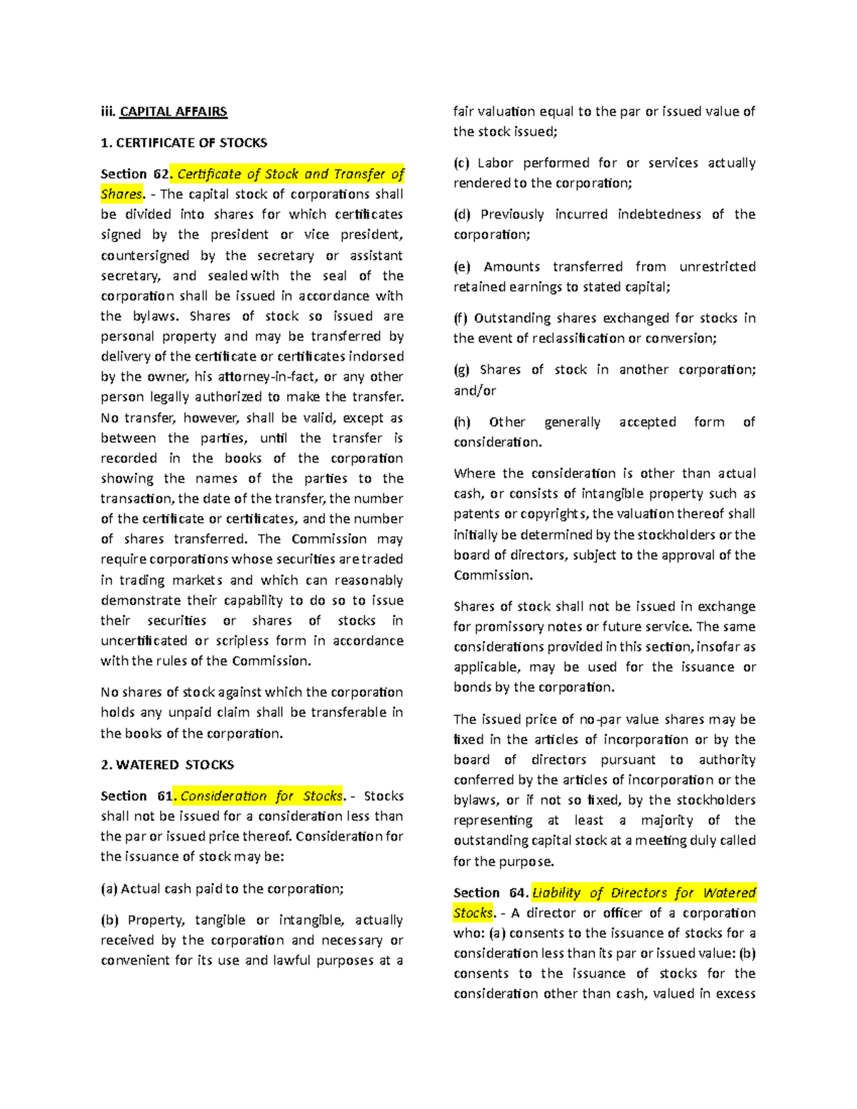 Corporation Law Review - Key Concepts and Provisions (LAW 101) - Studocu