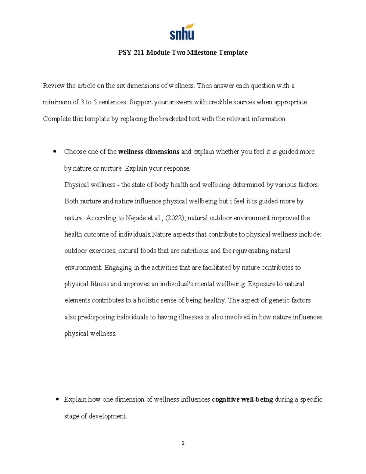 PSY 211 Module Two Milestone Template - PSY 211 Module Two Milestone ...