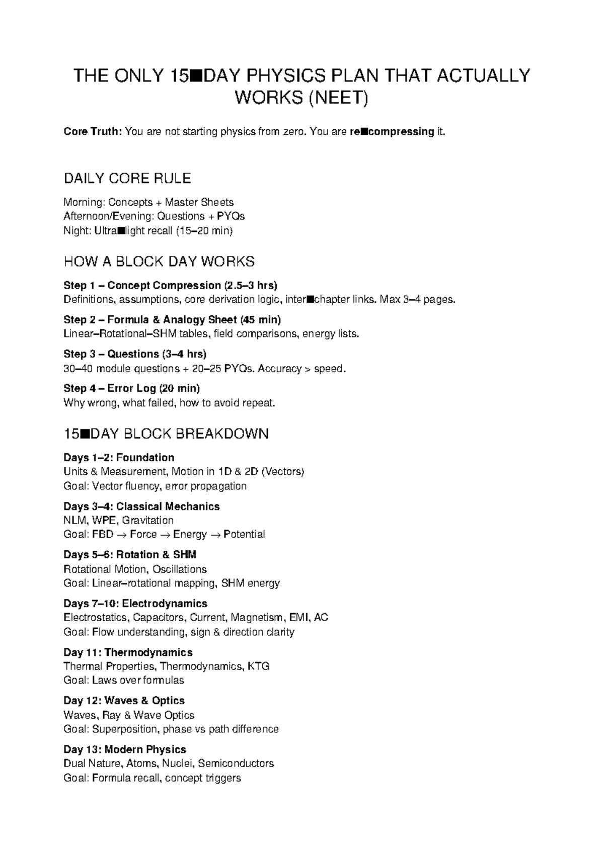 15-Day NEET Physics Block Plan: Mastering Core Concepts - Studocu