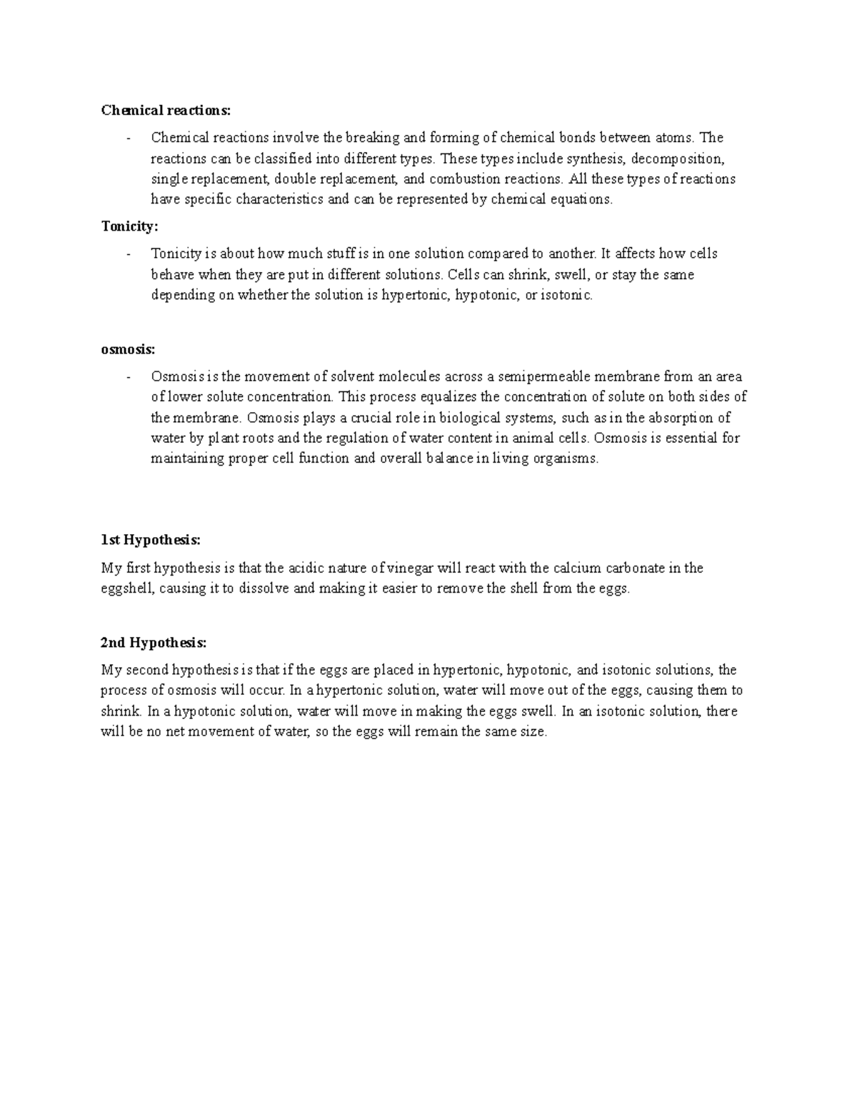 Anatomy and Physiology Lab #2: Chemical Reactions and Tonicity - Studocu