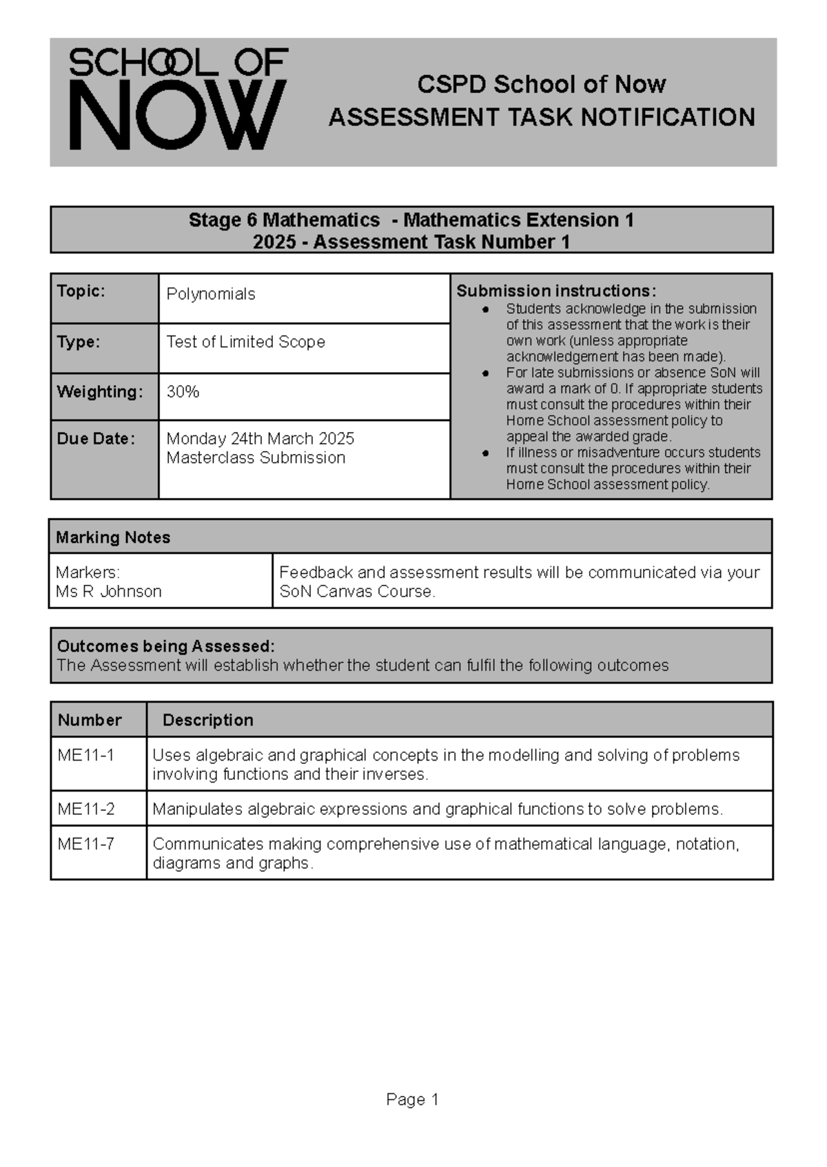Year 11 Mathematics Extension 1 - Assessment Task 1 Notification (Polynomials) - CSPD School of ...