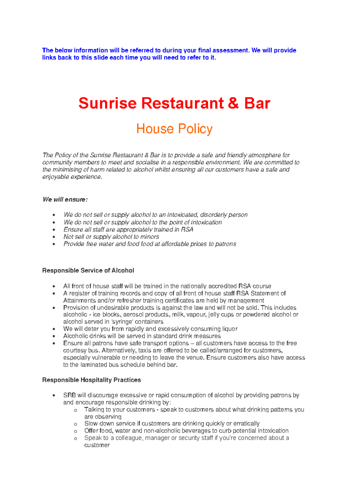 House Policy QLD - Responsible Service of Alcohol Guidelines - Studocu