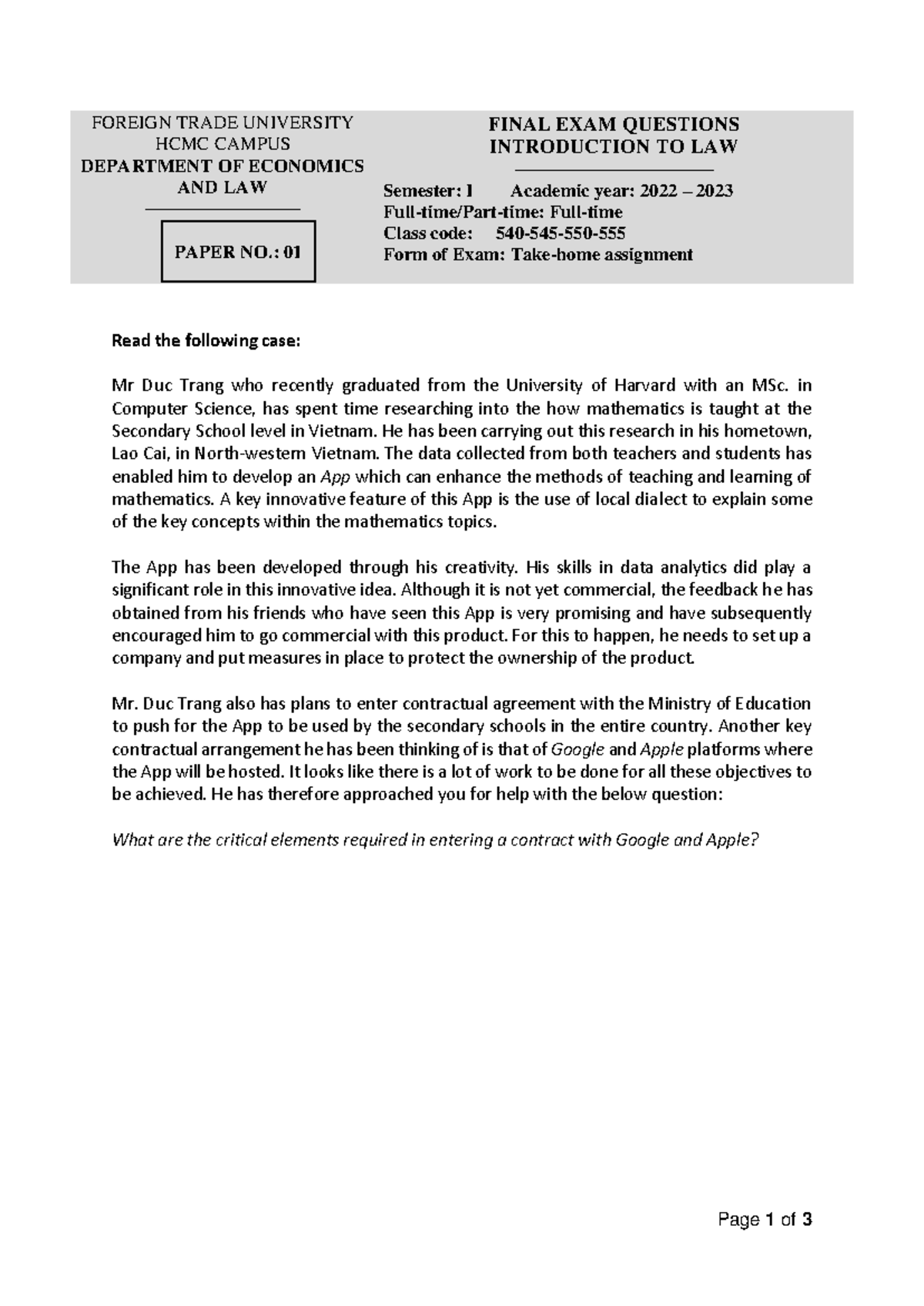 Final Exam Report: Essential Contract Elements for Google & Apple (540 ...