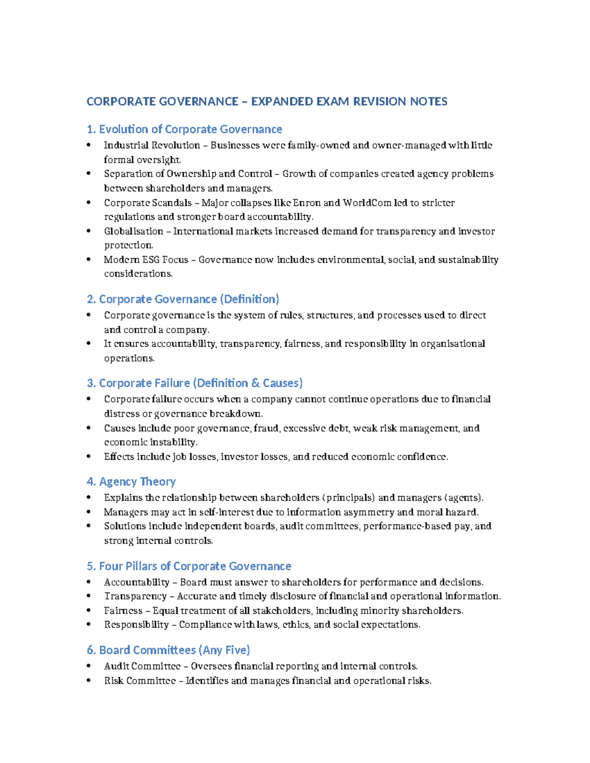 CORPORATE GOVERNANCE EXPANDED REVISION NOTES - EXAM PREP - Studocu