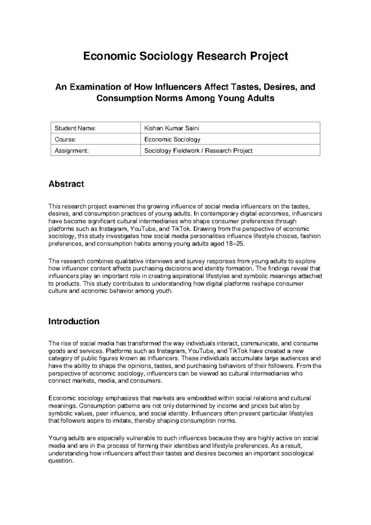Economic Sociology Research Project: Influencers & Young Adult ...