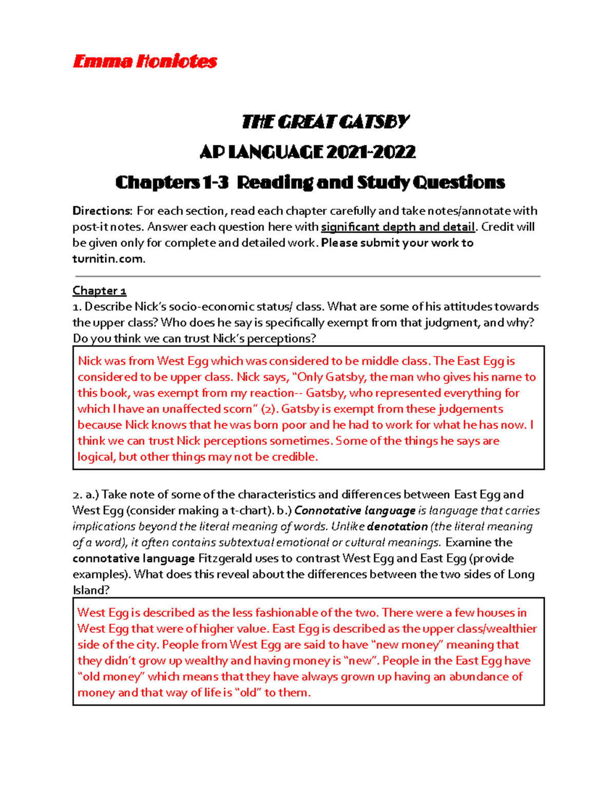Chapters 1-3 AP Lang Great Gatsby Questions - Emma Honiotes THE GREAT ...