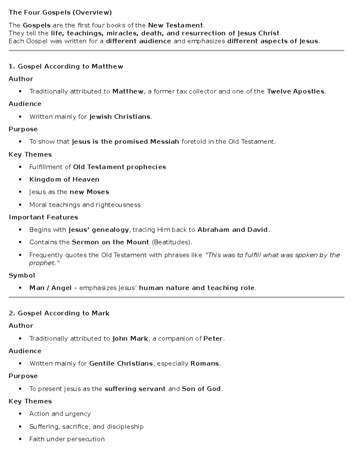 The Four Gospels (Overview) - Key Themes and Focus - Studocu