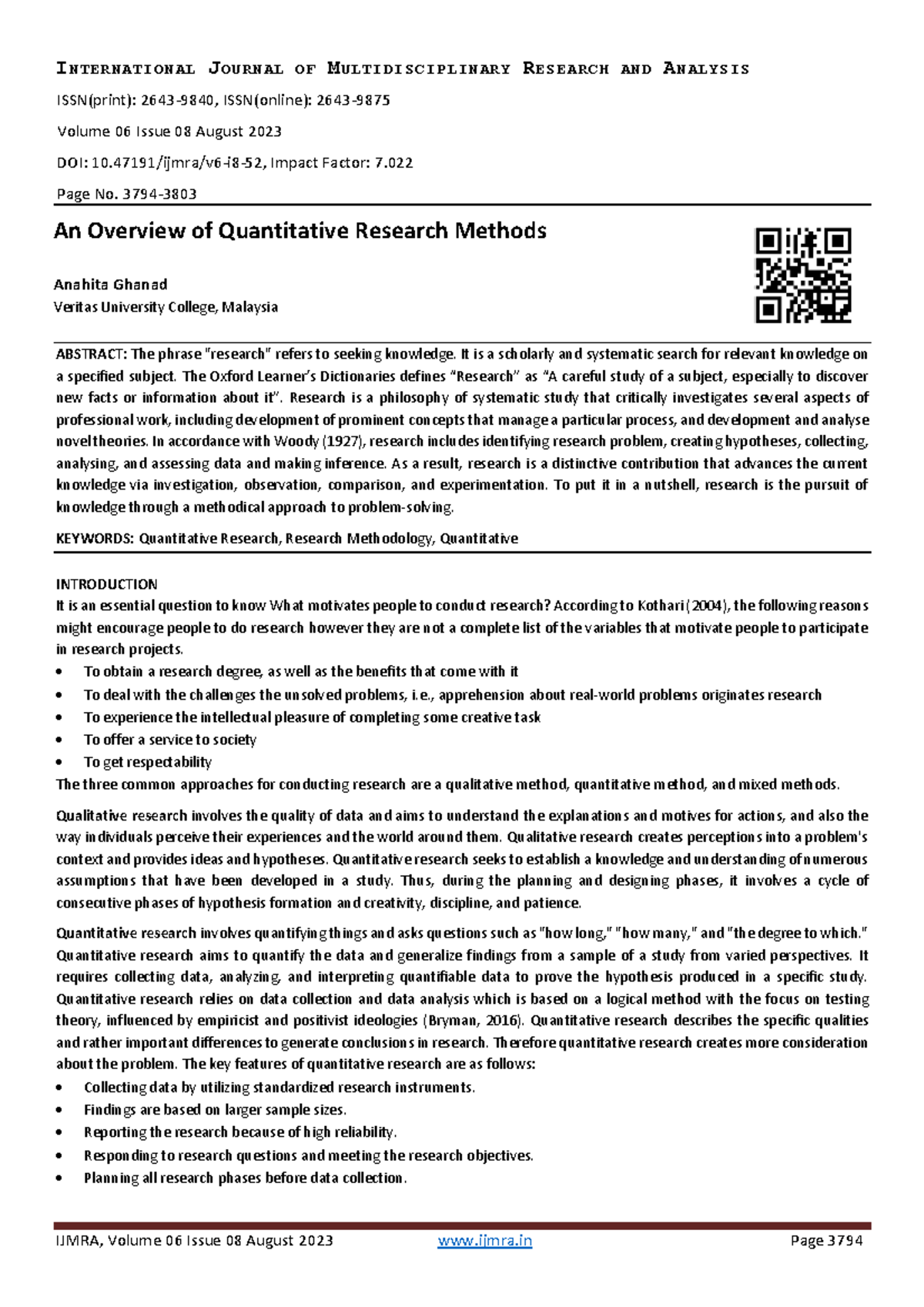 IJMRA Volume 06 Issue 08 August 2023: Overview of Quantitative Research ...