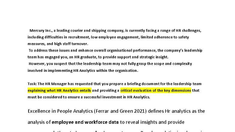 PM4077 Midterm Exam: HR Analytics Implementation at Mercury Inc. - Studocu